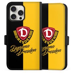 DeinDesign iPhone 15 Pro Max Handy Klapph&uuml;lle Handyh&uuml;lle aus Kunst Leder schwarz Flip Case Sg Dynamo Dresden Official Licensed Product Sgd Sideflip mit Lasche