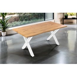Esstisch 180x90 cm Baumkante Holz Wildeiche-Optik X-Gestell Metall weiß JOSY