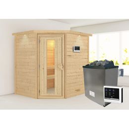 Sauna Karibu "Mia (Fronteinstieg)", beige (naturbelassen), (ohne Ofen), Saunen, Ofen 9 KW externe Strg easy