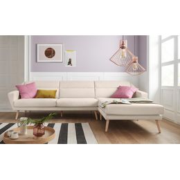 Ecksofa OTTO HOME "Bille L-Form", beige, B:302cm H:86cm T:178cm, Samtoptik (100% Polyester);Luxus-Microfaser weich (100% Polyester);Struktur (100% Polyester);Struktur fein (100% Polyester), Sofas, Ecksofa, mit Naht im R&uuml;ckenkissen und Beinen aus Eichenholz