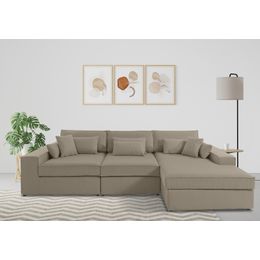 Ecksofa OTTO HOME "Enid L-Form", grau (taupe), B:360cm H:75cm, Baumwollmix (60% Baumwolle/40% Leinen);Struktur fein (100% Polyester);Samtoptik (100% Polyester);Samtvelours (100% Polyester);Struktur (100% Polyester);Struktur recycelt (100% recyceltes Polyester), Sofas, Ecksofa, 3 Teile, bestehend aus Modulen, in vielen Bez&uuml;gen, auch in Breitcord