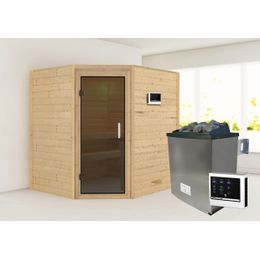 Sauna Karibu "Mia (Fronteinstieg)", beige (naturbelassen), (ohne Ofen), Saunen, Ofen 9 KW externe Strg easy