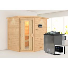 Sauna Karibu "Mia (Fronteinstieg)", beige (naturbelassen), (ohne Ofen), Saunen, Ofen 9 kW Bio externe Strg easy