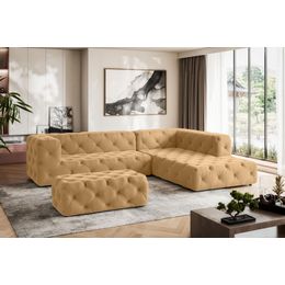 Ecksofa Home Affaire "FOLLINA", gold, B:325cm H:71cm T:228cm, 100% Polyester, Sofas, Ecksofa, L-Form, mit klassischer Chesterfield-Knopfheftung