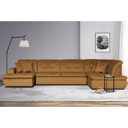 Wohnlandschaft Home Affaire "BRISBANE NEU U-Form", gold, B:380cm H:83cm T:202cm, 100% Polyester, Sofas, Wohnlandschaft, mit feiner Steppung, Matten-Optik, incl. Zierkissen