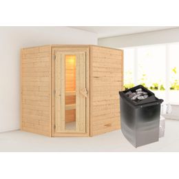 Sauna Karibu "Mia (Fronteinstieg)", beige (naturbelassen), (ohne Ofen), Saunen, Ofen 9 kW integr. Strg