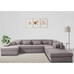 Wohnlandschaft OTTO HOME "Enid U-Form", grau (taupe), B:460cm H:75cm, Baumwollmix (60% Baumwolle/40% Leinen);Struktur fein (100% Polyester);Samtoptik (100% Polyester);Samtvelours (100% Polyester);Struktur (100% Polyester);Struktur recycelt (100% recyceltes Polyester), Sofas, Wohnlandschaft, 6 Teile, bestehend aus Modulen, in vielen Bez&uuml;gen, auch in Breitcord