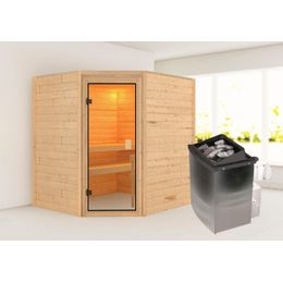 Sauna Karibu "Mia (Fronteinstieg)", beige (naturbelassen), (ohne Ofen), Saunen, Ofen 9 kW integr. Strg
