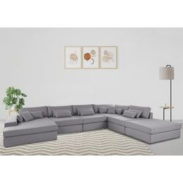 Wohnlandschaft OTTO HOME "Enid U-Form", grau (hellgrau), B:460cm H:75cm T:330cm, Baumwollmix (60% Baumwolle/40% Leinen);Struktur fein (100% Polyester);Samtoptik (100% Polyester);Samtvelours (100% Polyester);Struktur (100% Polyester);Struktur recycelt (100% recyceltes Polyester), Sofas, Wohnlandschaft, 6 Teile, bestehend aus Modulen, in vielen Bez&uuml;gen, auch in Breitcord