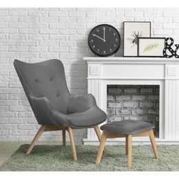 Sessel Home Affaire "Nicko", grau, B:71cm H:96cm T:86cm, 100% Polyester, Sessel, Design-Sessel Sessel mit Hocker Lounge-Sessel Einzelsessel, wahlweise mit und ohne Hocker