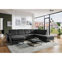 Wohnlandschaft DIE PLANBAR "PN-EM15047 U-Form, ohne Kopfstützen", grau (anthrazit), B:309cm H:88cm T:235cm, Sofas, Echtleder, wahlweise mit Bettfunktion u. Stauraum