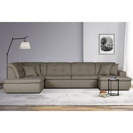 Wohnlandschaft Home Affaire "BRISBANE NEU U-Form", braun (taupe), B:380cm H:83cm T:202cm, 100% Polyester, Sofas, Wohnlandschaft, mit feiner Steppung, Matten-Optik, incl. Zierkissen