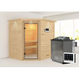 Sauna Karibu "Mia (Fronteinstieg)", beige (naturbelassen), (ohne Ofen), Saunen, Ofen 9 kW Bio externe Strg easy