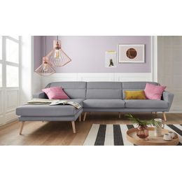 Ecksofa OTTO HOME "Bille L-Form", grau (hellgrau), B:302cm H:86cm T:178cm, Samtoptik (100% Polyester);Luxus-Microfaser weich (100% Polyester);Struktur (100% Polyester);Struktur fein (100% Polyester), Sofas, Ecksofa, mit Naht im R&uuml;ckenkissen und Beinen aus Eichenholz