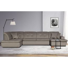Wohnlandschaft Home Affaire "BRISBANE NEU U-Form", grau (taupe), B:380cm H:83cm T:202cm, 100% Polyester, Sofas, Wohnlandschaft, mit feiner Steppung, Matten-Optik, incl. Zierkissen