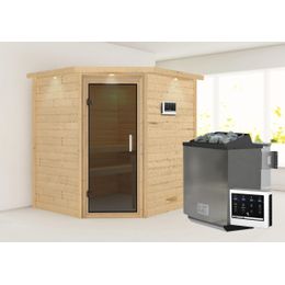 Sauna Karibu "Mia (Fronteinstieg)", beige (naturbelassen), (ohne Ofen), Saunen, Ofen 9 kW Bio externe Strg easy