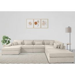 Wohnlandschaft OTTO HOME "Enid U-Form", beige, B:460cm H:75cm, Baumwollmix (60% Baumwolle/40% Leinen);Struktur fein (100% Polyester);Samtoptik (100% Polyester);Samtvelours (100% Polyester);Struktur (100% Polyester);Struktur recycelt (100% recyceltes Polyester), Sofas, Wohnlandschaft, 6 Teile, bestehend aus Modulen, in vielen Bez&uuml;gen, auch in Breitcord
