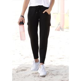 Jogginghose Venice Beach, Damen, Gr. 46, N-Gr, schwarz, Sweatware, Obermaterial: 95% Baumwolle, 5% Elasthan. B&uuml;ndchen: 95% Baumwolle, 5% Elasthan, unifarben, figurumspielend lang, Hosen Jogginghose, mit seitlichen Taschen am Bein, Cargohose, Sweathose, Topseller
