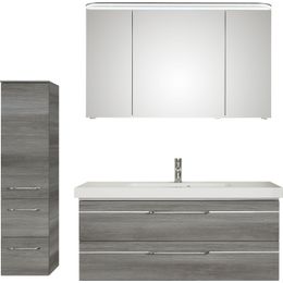 Badmöbel-Set SAPHIR "Balto Sprint 3-teilig, Mineralmarmor-Waschtisch mit LED-Spiegelschrank", grau (graphit struktur quer nachbildung), B:153cm H:200cm T:50,8cm, Spanplatte, Kastenmöbel-Sets, Badezimmer Set mit Midischrank inkl Türdämpfer, 4 Türen, 4 Schubladen