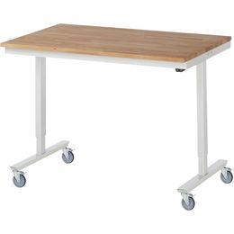 Rau Elektrisch h&ouml;henverstellbarer Arbeitstisch, fahrbar, Buche massiv, Plattenbreite 1250 mm
