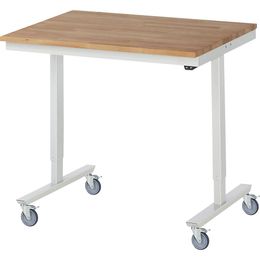 Rau Elektrisch h&ouml;henverstellbarer Arbeitstisch, fahrbar, Buche massiv, Plattenbreite 1000 mm