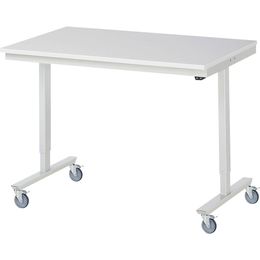 Rau Elektrisch h&ouml;henverstellbarer Arbeitstisch, fahrbar, Melaminplatte, Plattenbreite 1250 mm