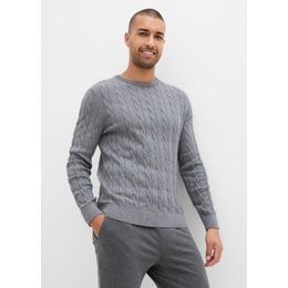 bonprix Feinstrickpullover mit Zopfmuster aus weichem Baumwollmix Slim Fit, grau, mit Baumwolle