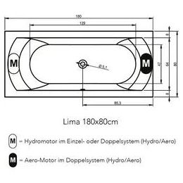RIHO Lima Easypool 3.1 Rechteck-Badewanne, Touchbedienung, Einbau, 2-Sitzer, wei&szlig; gl&auml;nzend, B052004005, Ausf&uuml;hrung: 180x80x49cm, Nutzinhalt: 195 Liter