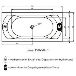 RIHO Lima Easypool 3.1 Rechteck-Badewanne, Touchbedienung, Einbau, 2-Sitzer, wei&szlig; gl&auml;nzend, B053004005, Ausf&uuml;hrung: 190x90x49cm, Nutzinhalt: 240 Liter