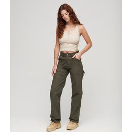 Superdry Damen Carpenter Hose mit Weitem Beinschnitt Kaki - Gr&ouml;&szlig;e: 26/32 2123631500157TSJ052