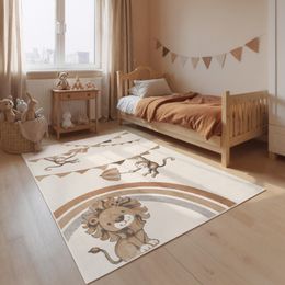 Villeroy & Boch Kinderteppich VILLEROY & BOCH "Roar like a Lion Rainbow Party Teppich", creme, mulitfarben, B:160cm H:9mm L:230cm, Polypropylen, Teppiche, Spielteppich weich, Kinderzimmer, Boho Kids Spielunterlage, Tieremotiv