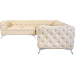 Chesterfield-Sofa Home Affaire "Ecksofa GLYNIS L-Form mit Wellenunterfederung, Maße B/T/H 323/264/75cm", beige (creme), B:323cm H:75cm T:264cm, Struktur (100% Polyester);Samtoptik (100% Polyester), Sofas, aufwändige Knopfheftung, moderne Chesterfield Optik, Fußfarbe wählbar