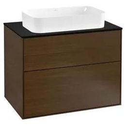 Villeroy & Boch Villeroy & Boch Finion Waschtischunterschrank, 2 Ausz&uuml;ge, mit Beleuchtung, Waschbecken mittig, mit Hahnloch, 800x603x501mm, Glass Black Matt, G22200GN, Farbe: Walnut Veneer