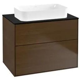Villeroy & Boch Villeroy & Boch Finion Waschtischunterschrank, 2 Ausz&uuml;ge, mit Beleuchtung, Waschbecken mittig, ohne Hahnloch, 800x603x501mm, Glass Black Matt, G63200GN, Farbe: Walnut Veneer
