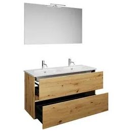 Burgbad Rocio Set aus Spiegel mit LED-Leuchte, Doppelwaschtisch und Waschtischunterschrank, Breite 1200mm, SGYR120F6224C0001, Farbe: Eiche Dekor Urban