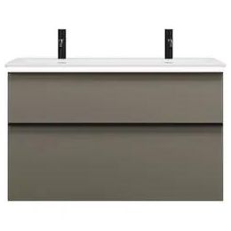 Burgbad Eqio Slim Keramik-Waschtisch mit 2 Armaturbohrungen, inklusive Waschtischunterschrank mit LED-Beleuchtung, 1020x490x640mm, SHBW102F2010C0001G0252, Farbe: Grau Hochglanz / Grau Hochglanz,