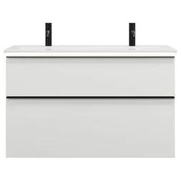 Burgbad Eqio Slim Keramik-Waschtisch mit 2 Armaturbohrungen, inklusive Waschtischunterschrank mit LED-Beleuchtung, 1020x490x640mm, SHBW102F6582C0001G0252, Farbe: Wei&szlig; Matt / Wei&szlig; Matt, Griffleiste