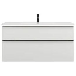 Burgbad Eqio Slim Keramik-Waschtisch inklusive Waschtischunterschrank mit LED-Beleuchtung, 1220x490x640mm, SHBU122F2009C0001G0252, Farbe: Wei&szlig; Hochglanz / Wei&szlig; Hochglanz, Griffleiste Schwarz Matt