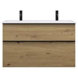Burgbad Eqio Slim Keramik-Waschtisch mit 2 Armaturbohrungen, inklusive Waschtischunterschrank, 1020x490x620mm, SHBV102F5662C0001G0252, Farbe: Eiche Dekor Urban / Eiche Dekor Urban, Griffleiste Schwarz