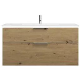 Burgbad Eqio Slim Keramik-Waschtisch inklusive Waschtischunterschrank mit LED-Beleuchtung, 1220x490x640mm, SHBU122F5662C0001G0146, Farbe: Eiche Dekor Urban / Eiche Dekor Urban, Griff Chrom G0146