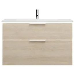 Burgbad Eqio Slim Keramik-Waschtisch inklusive Waschtischunterschrank mit LED-Beleuchtung, 1020x490x640mm, SHBU102F3180C0001G0146, Farbe: Eiche Dekor Cashmere / Eiche Dekor Cashmere, Griff Chrom G0146