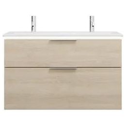 Burgbad Eqio Slim Keramik-Waschtisch mit 2 Armaturbohrungen, inklusive Waschtischunterschrank mit LED-Beleuchtung, 1020x490x640mm, SHBW102F3180C0001G0146, Farbe: Eiche Dekor Cashmere / Eiche Dekor