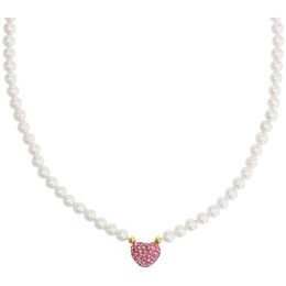 Amor Kette mit Anhänger »Herz, Trachtenschmuck, Volksfest« mit Kristallglas - mit Muschelkernperle gelbgoldfarben-Pink-Weiß Elegante Perlen-Kette...