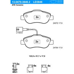 ATE Bremsbelagsatz, Scheibenbremse Ceramic 13.0470-3846.2 vorne rechts links mit Zubeh&ouml;r f&uuml;r FIAT FORD 1778384 1731171 77364636