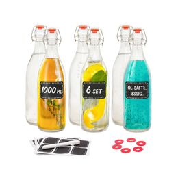 Praknu 6 Glasflaschen mit B&uuml;gelverschluss 1000ml - 6 Extra Dichtungen - 12 | Gr.: onesize