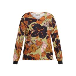 Cartoon Oversize-Bluse mit Rippb&uuml;ndchen in Brown/Green | Gr.: 40