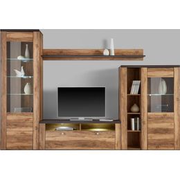 Wohnwand Home Affaire "Larona, Anbauwand, Set 4 Teilig", braun (satin nussbaumfarben, schwarzwood), B:305cm, Kastenmöbel-Sets, bestehend aus 1 TV-Board, 1 Highboard, 1 Vitrine, 1 Wandregal