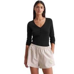Marc O'Polo Shorty MARC O'POLO "Mix & Match Cotton-Woven", Damen, Gr. XL, schwarz (schwarz, nordic grau), Feinripp, Obermaterial: 95% Baumwolle, 5% Elasthan, gestreift, unifarben, regular fit kurz, tiefer V-Ausschnitt, Homewear-Sets, mit stilvollem Streifendesign
