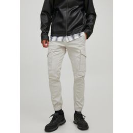 Jack & Jones Cargohose JACK & JONES "JPSTPAUL JJFLAKE CARGO NOOS", Herren, Gr. 31, Länge 34, moonbeam, Web, Obermaterial: 98% Baumwolle, 2% Elasthan, unifarben, slim fit knöchellang, Hosen, mit Beintaschen