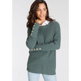 Strickpullover Laura Scott, Damen, Gr. 40, blau (blaugrau, melange), Grobstrick, Obermaterial: 60% Polyacryl, 40% Baumwolle, meliert, unifarben, figurumspielend Po-bedeckend, Rundhals, Bündchen mit Knöpfen, Pullover Strickpullover, Übergangspullover aus Grobstrick, mit Zierknöpfen, Topseller